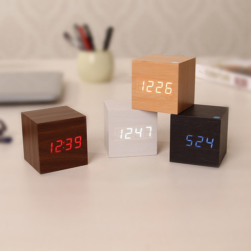 Digital Alarm Clock, Square - Brown with Red Numbers