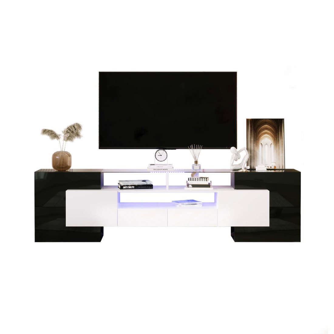 Modern TV-bänk med LED-lampor – 200 cm, glasfinish