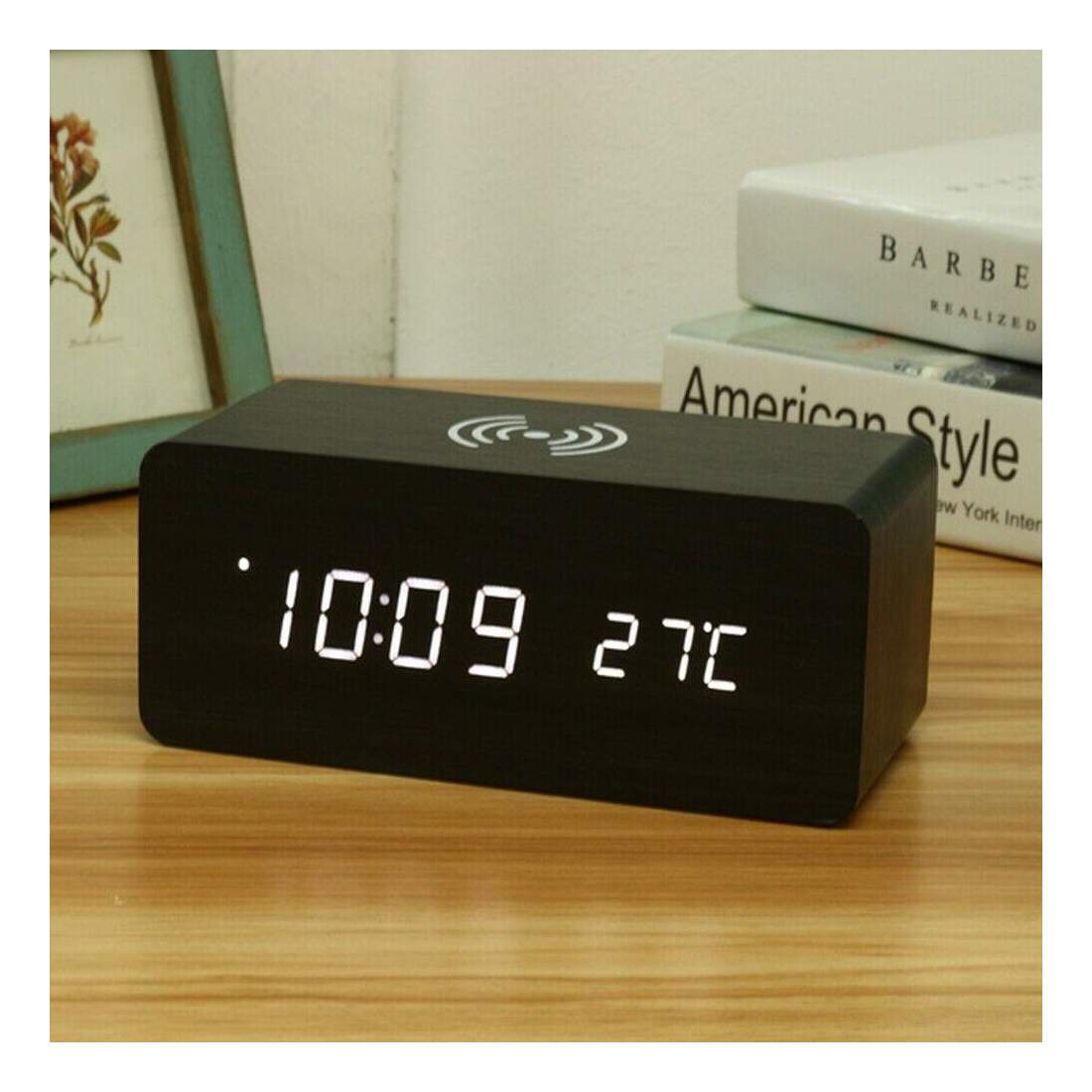 Alarm Clock with Qi-Charger - Black Wood