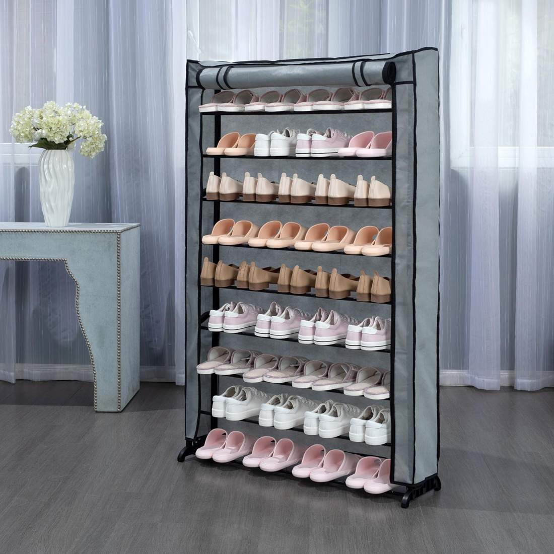 Shoe rack with cover, 9 shelves - Grey