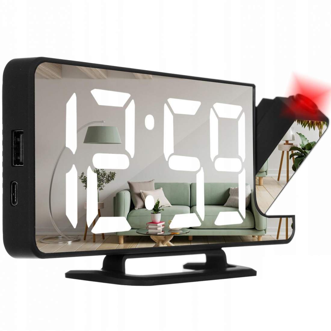 Alarm clock with projector and mirror